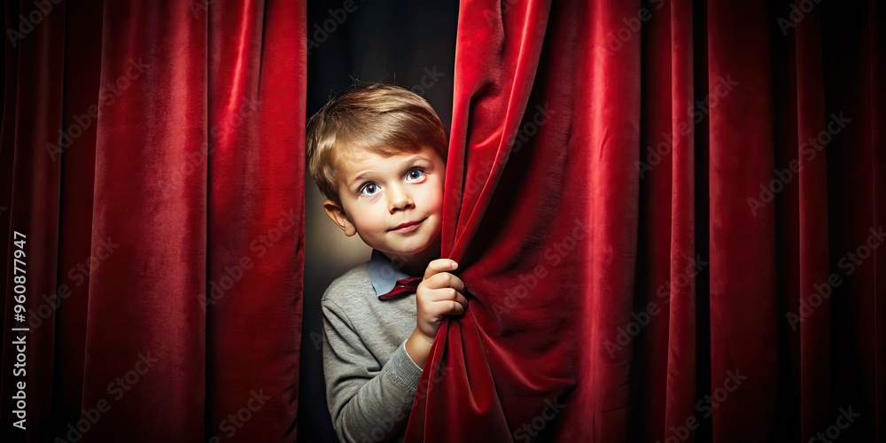 dramatic high-contrast black-and-white portrait of shy kid peeking from ...