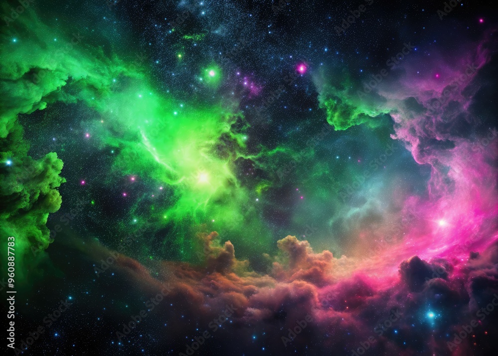 Galactic Odyssey: inky black night sky with neon green and pink nebula ...