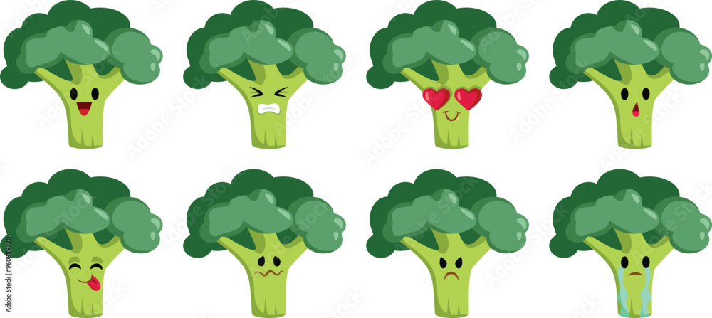Cute Broccoli Vector Character with Different Expressions. Adorable ...