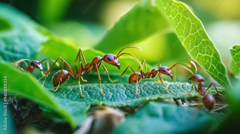 Macro shot of ants marching on a leaf-strewn path, with the vibrant ...
