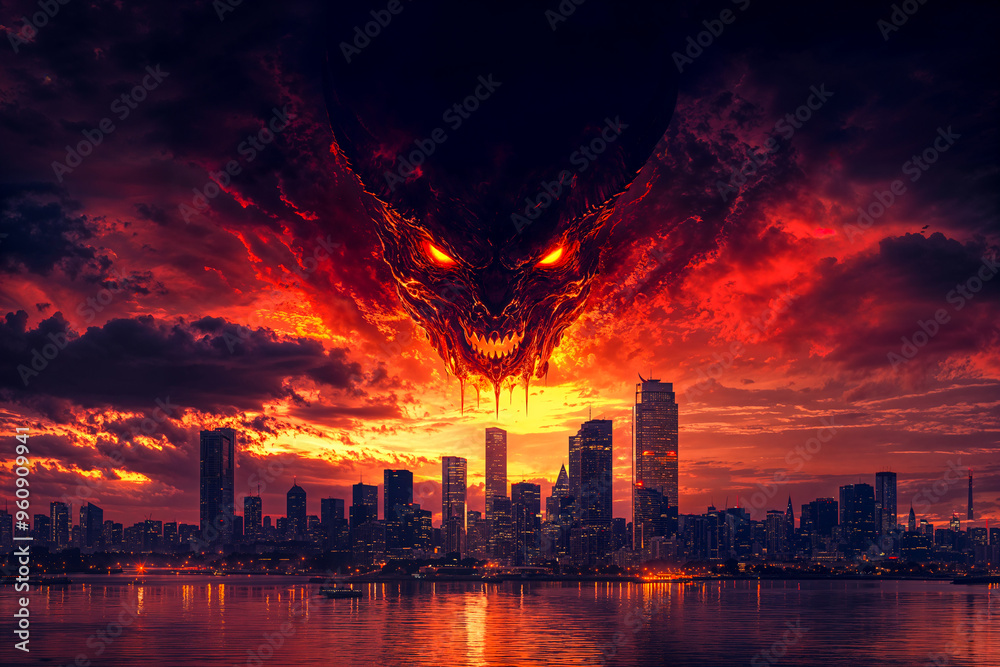 Satan devil face in the sky over modern city, evil, armageddon Stock ...