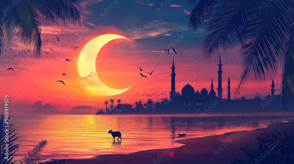 Eid Mubarak greeting background, Crescent moon shape with goat and ...