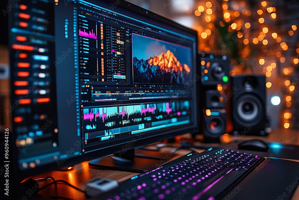 Close up of video editing time line and computer monitor as video editor works. It depicts the ...