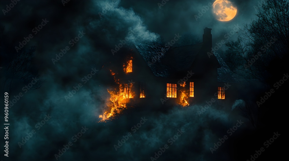 A house on fire, flames illuminating the night, with the moon peeking ...