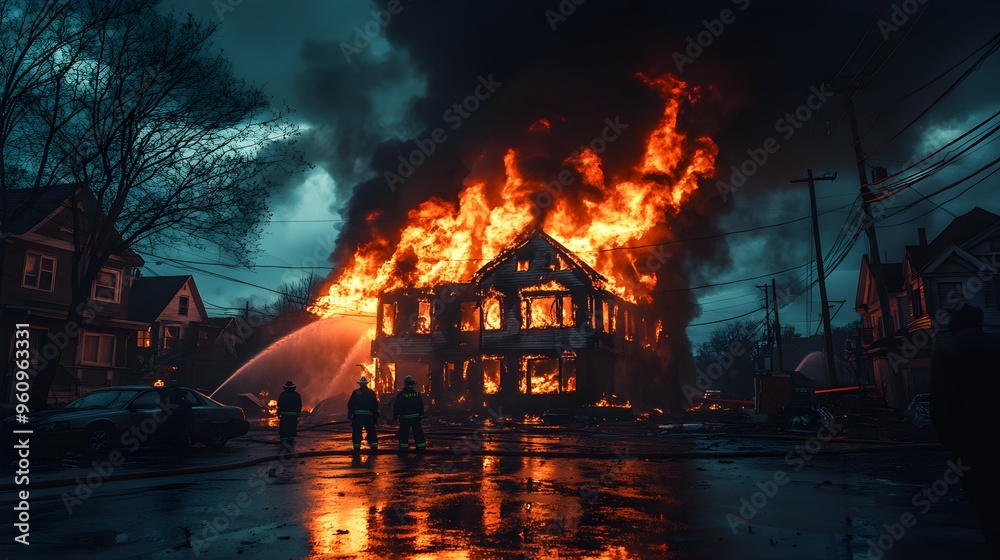 Intense house fire in a crowded urban area, neighbors watching from a ...