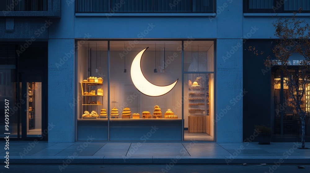 Blank crescent-shaped store signage design mockup isolated, metal badge ...