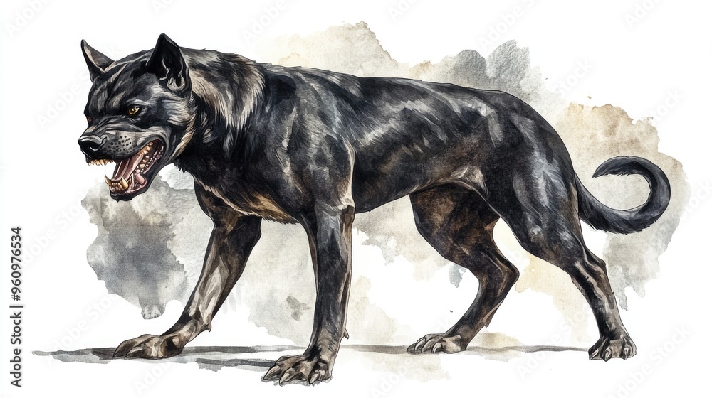 Realistic Watercolor Illustration of a Fierce Black Dog with Bared ...