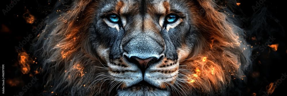 Fierce lion with blue eyes, surrounded by fire. Stock Illustration ...