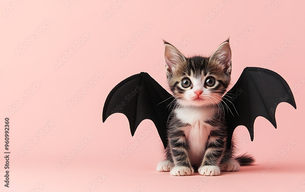 A playful kitten wearing a bat costume with wings spread wide, sitting ...