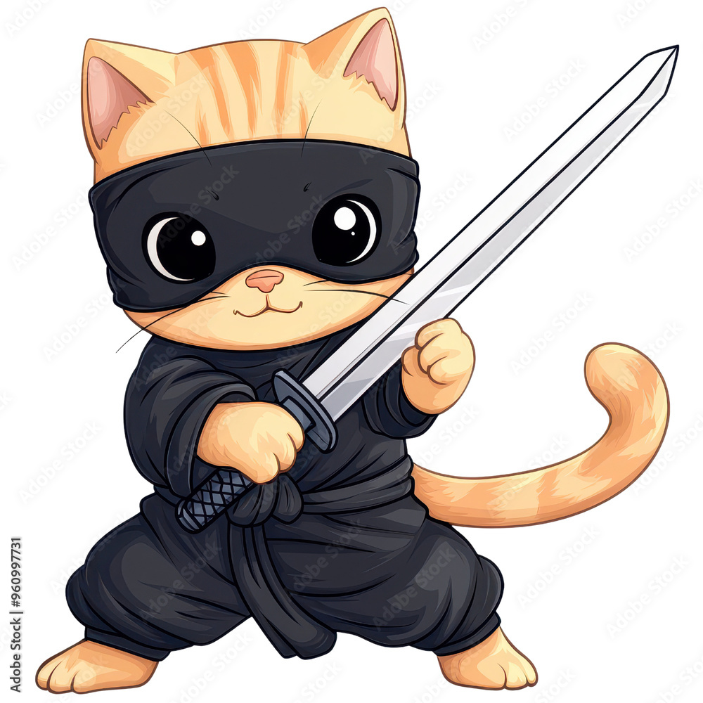 Ginger cat ninja character holding two swords in black ninja suit ...