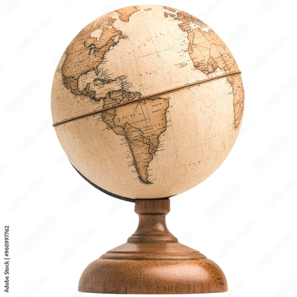 Vintage wooden globe with detailed world map on brown stand clipart on ...