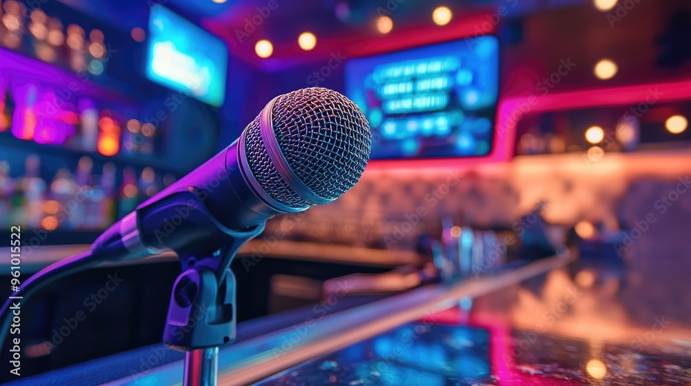 Microphone placed on a bar counter with karaoke lyrics displayed on a ...