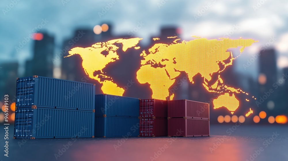 Global logistics network with cargo containers and illuminated world ...