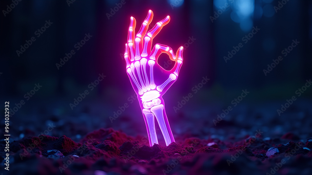 Neon pink outline of a hand rising from the damp soil The hand is ...