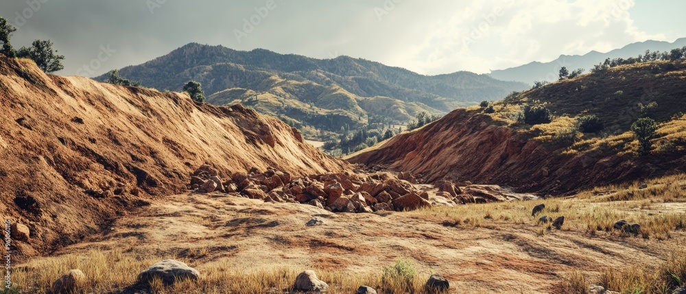 Rolling landslide through hilly terrain with cracked earth and boulders ...