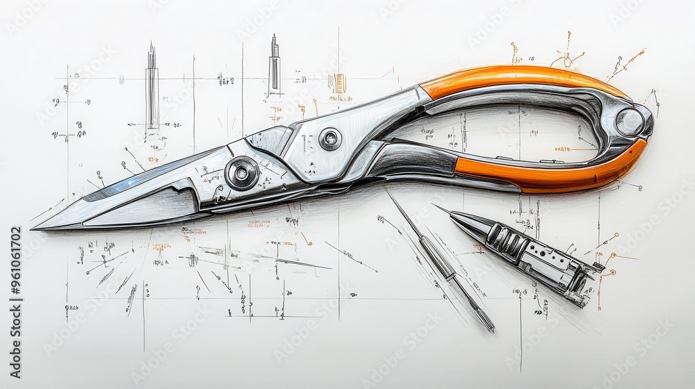 Industrial style technical drawing of pliers, with clear perspective ...