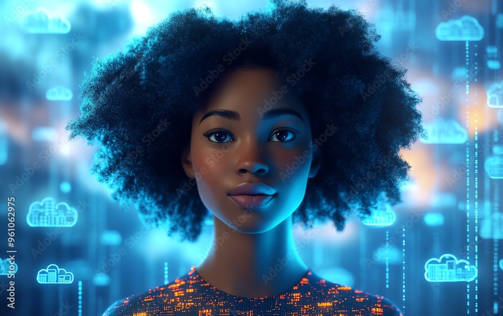 Cloud computing concept with a 3D African American woman named Coco ...