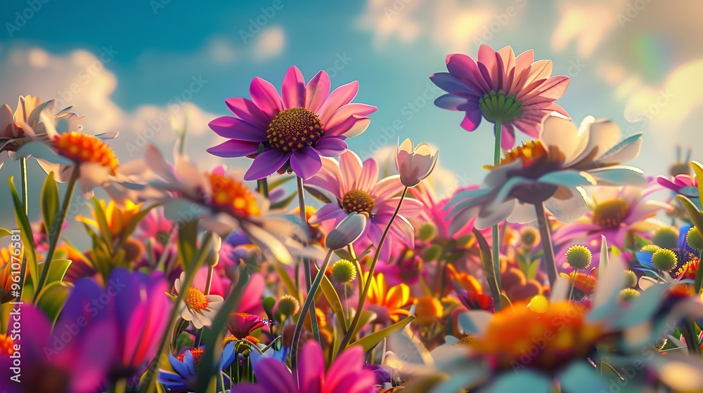 68. Animated 3D cartoon of joyful spring flowers, surrounded by a ...