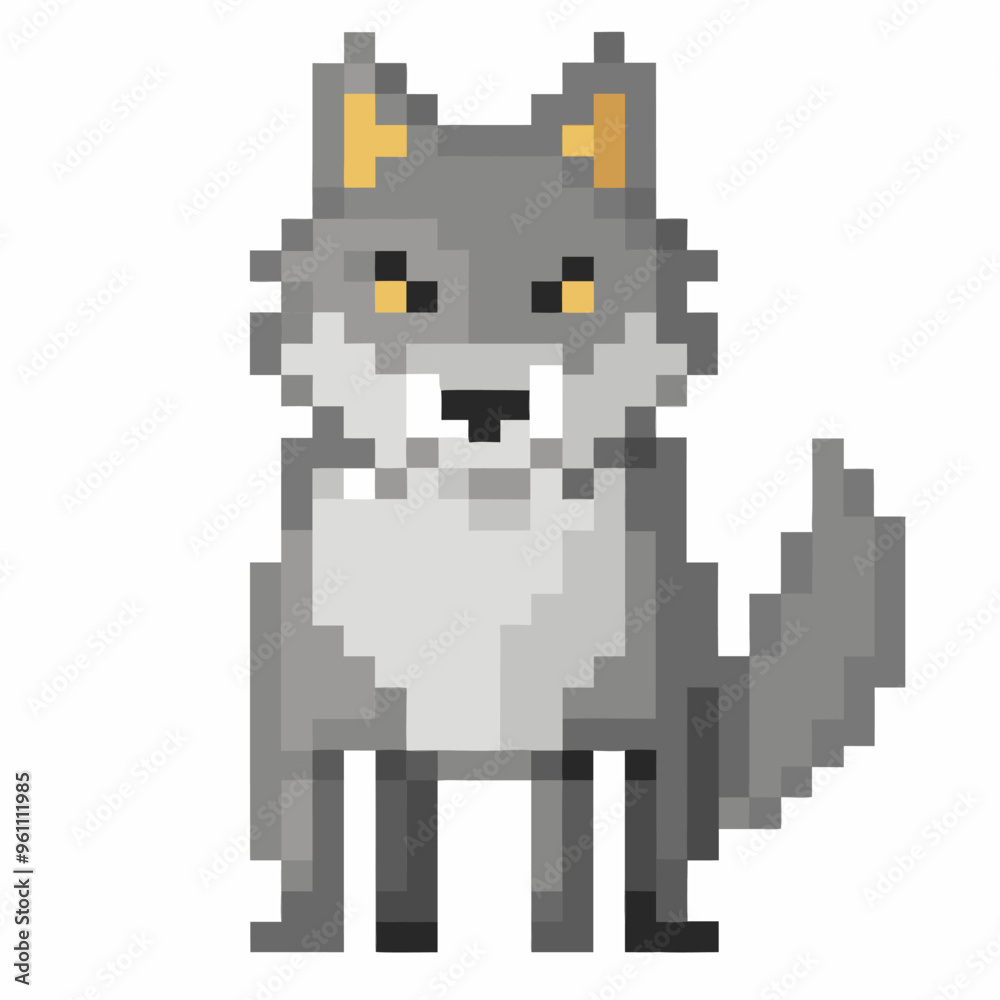 Pixel Art Grey Wolf Character Retro Style, 8 Bit Animal Illustration ...