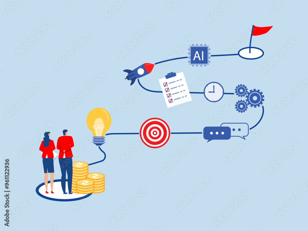 workflow line or working process with achievement flag milestones ...