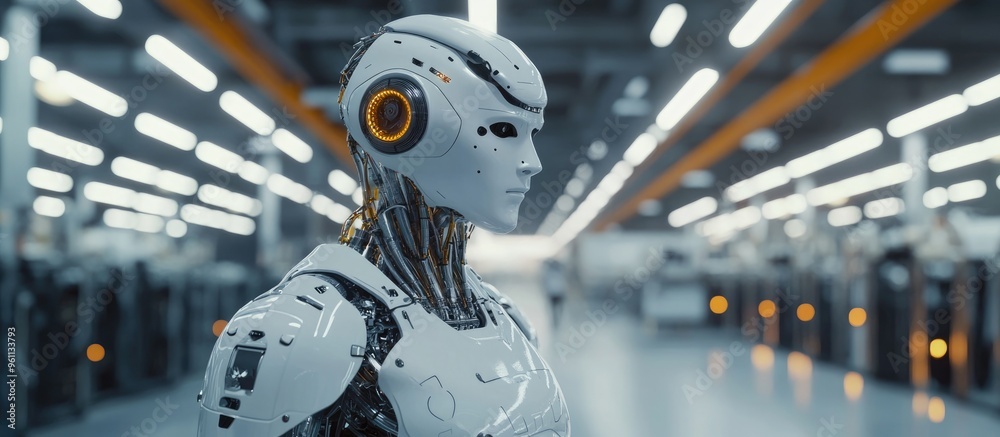 Smart factory powered by AI showcasing a 3D humanoid robot engaged in machine operations ...