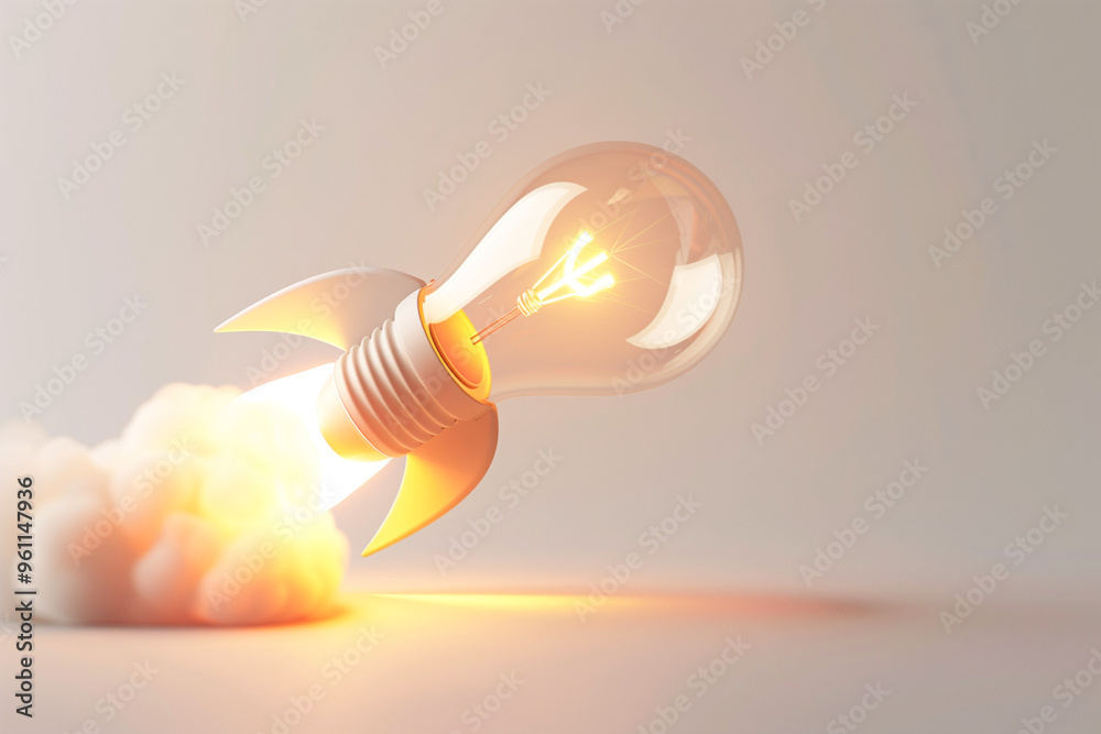 Innovative Lightbulb Rocket Launch on Soft Gray Background Stock Photo ...