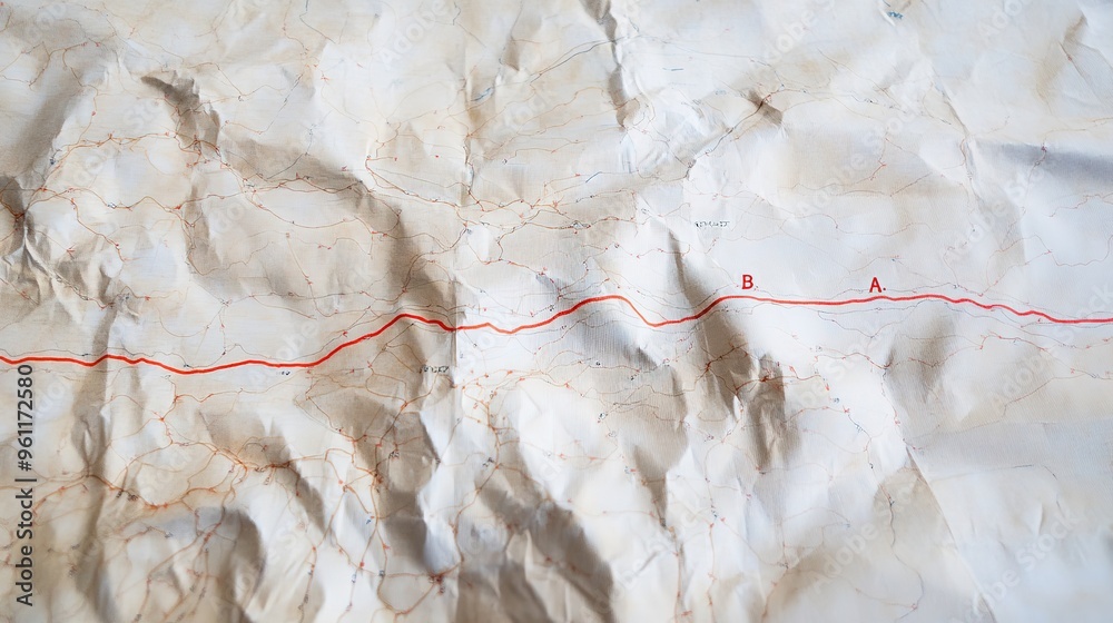 Route from Point A to Point B marked on a paper map, illustrating a ...
