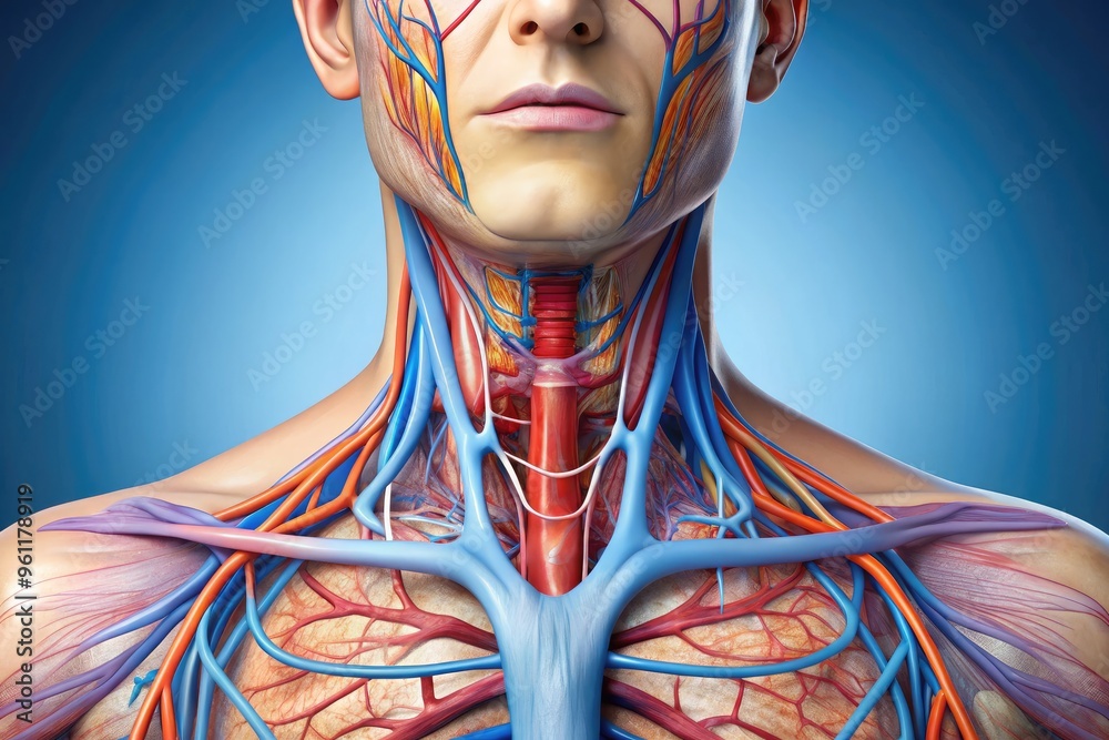 Delicate illustration of the human neck's intricate anatomy, showcasing ...