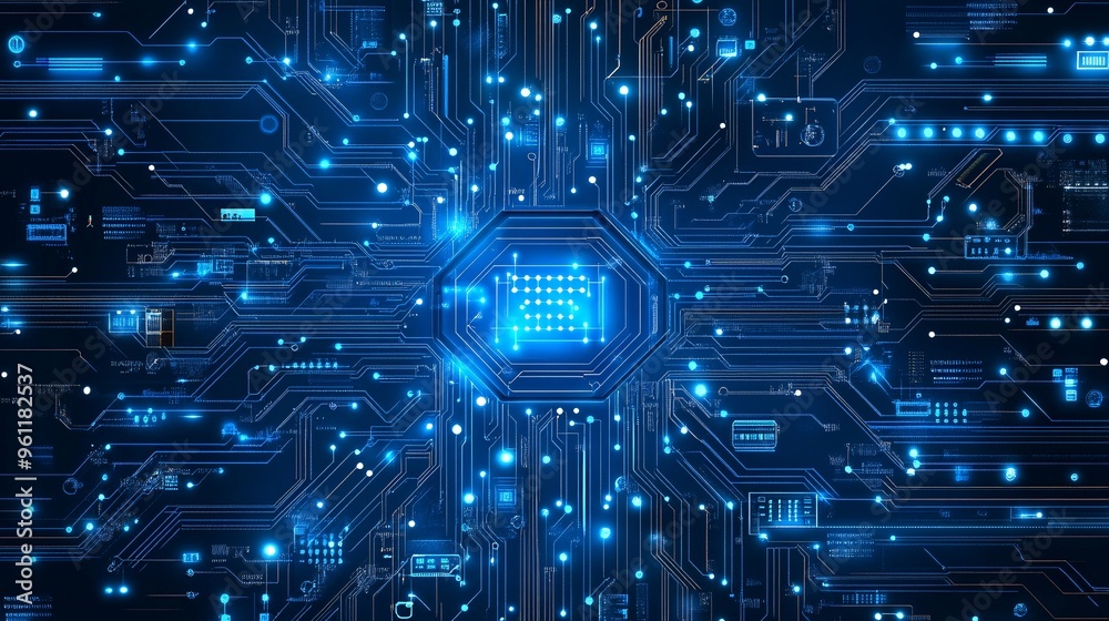 Computer engineering with coding symbols and circuit boards in flat ...