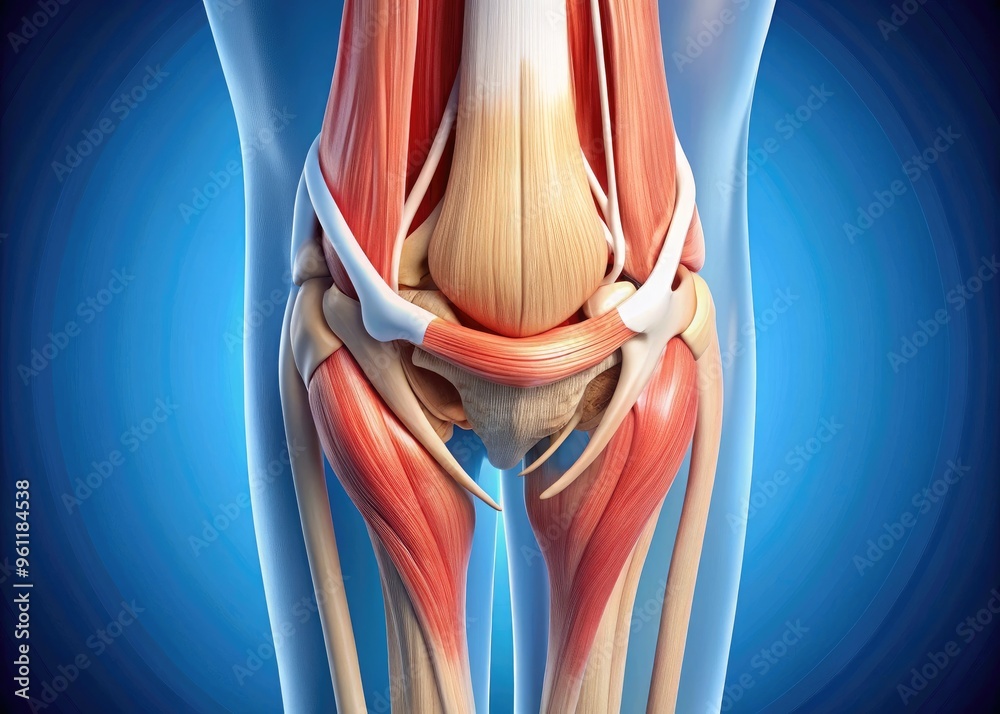 Detailed illustration of the anterior knee structure showing the patella, quadriceps tendon ...