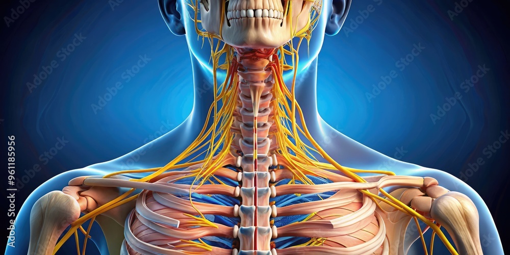 Detailed illustration of the human cervical spine, showcasing the seven ...