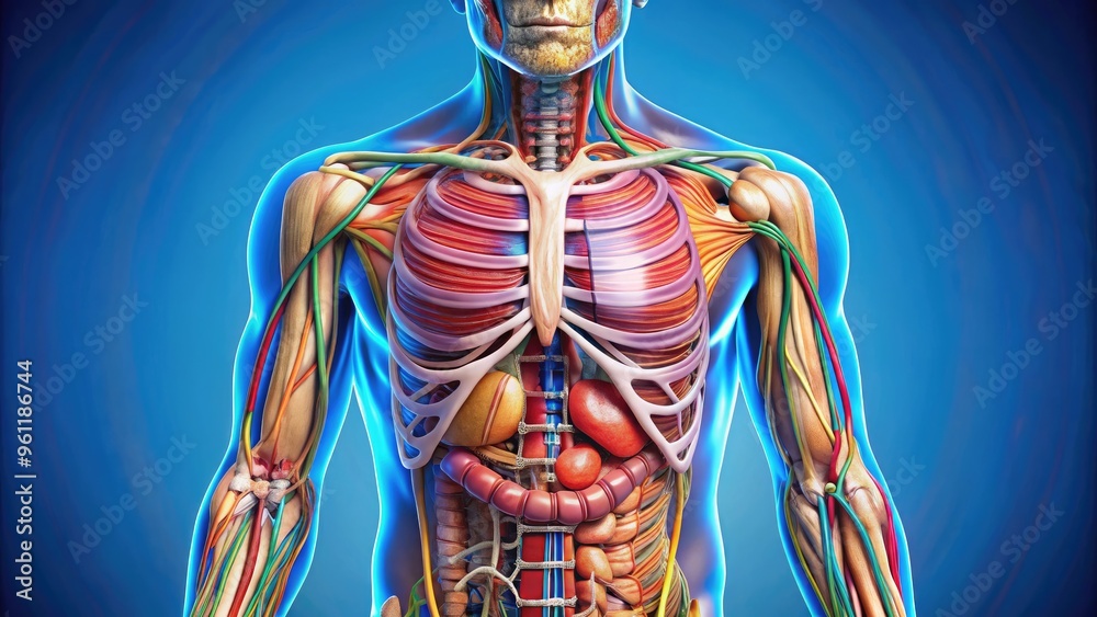 Detailed illustration of the human male body's internal organs and ...