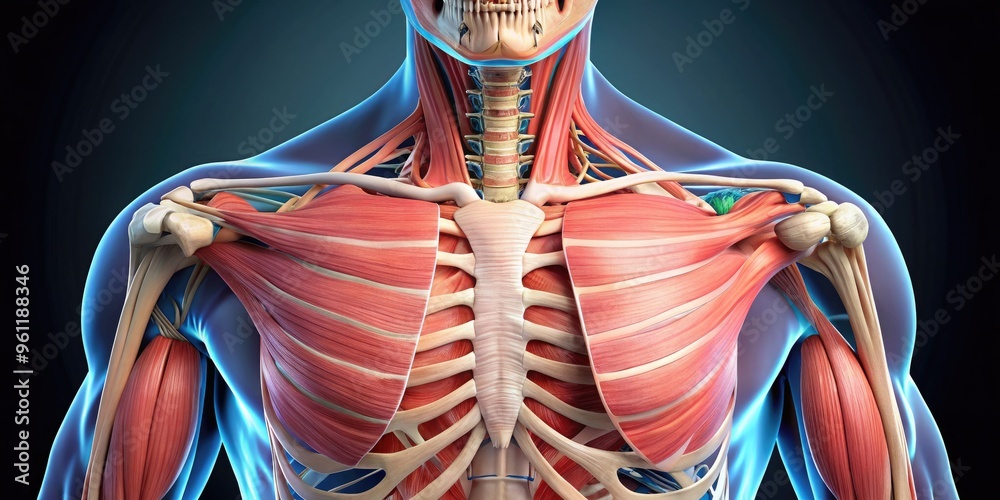 Detailed illustration of the pectoralis major muscle, showcasing its ...