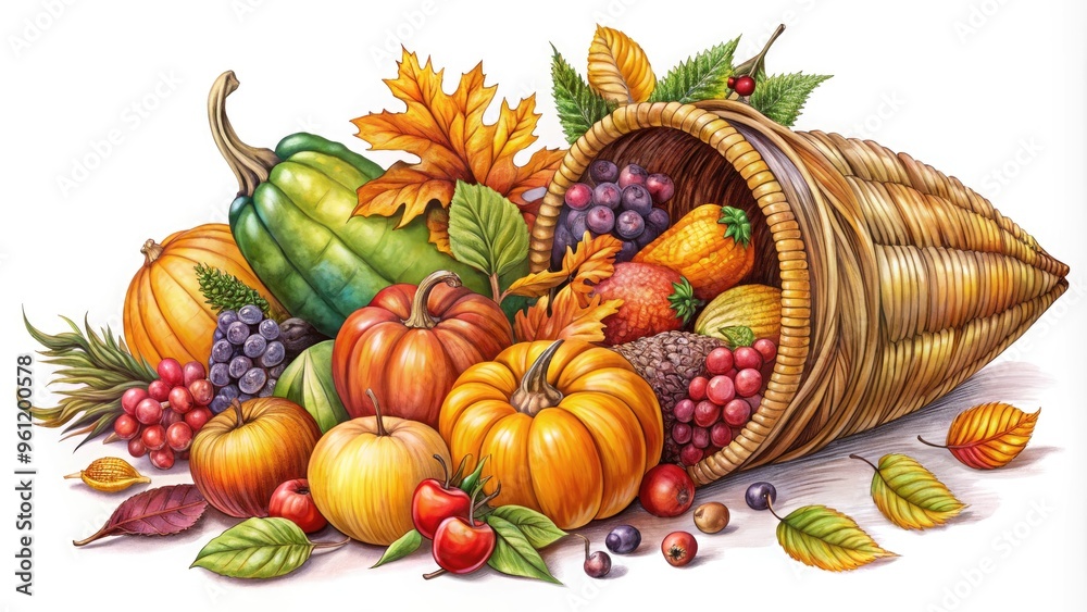 Hand-Drawn Illustration Of A Traditional Thanksgiving Cornucopia With ...