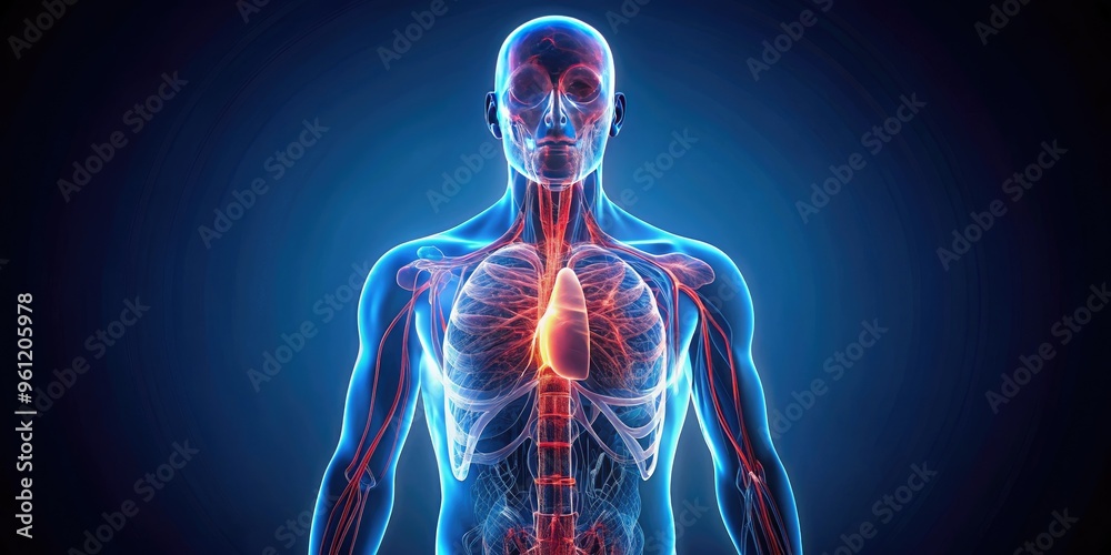 Illuminated blue and red internal organs overlayed on a transparent ...