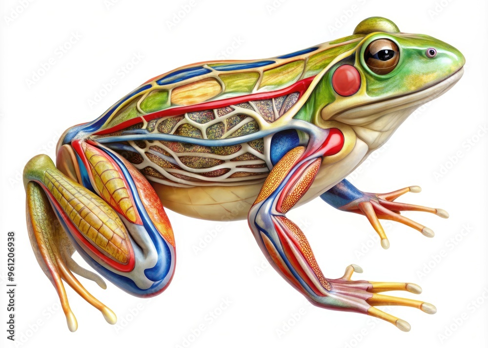 Illustrated cross-section of a frog's anatomy showcasing organs ...
