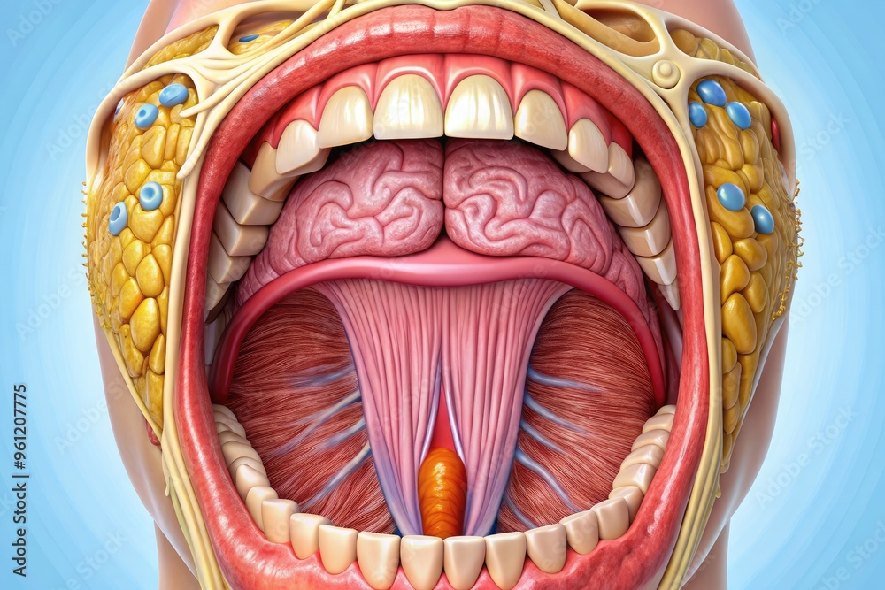 Illustration of the human tongue's posterior region, showcasing lingual ...