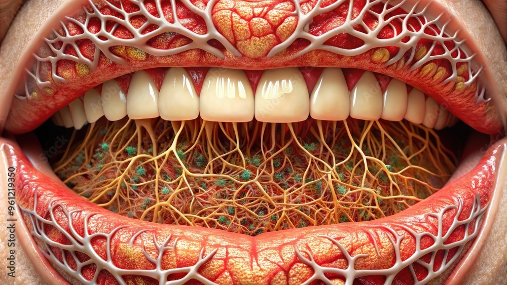 Microscopic view of human oral mucosa, showcasing the intricate network ...