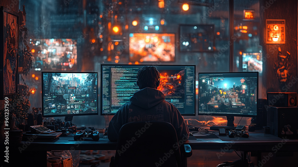 A programmer coding a video game in a dimly lit room, multiple screens displaying game ...