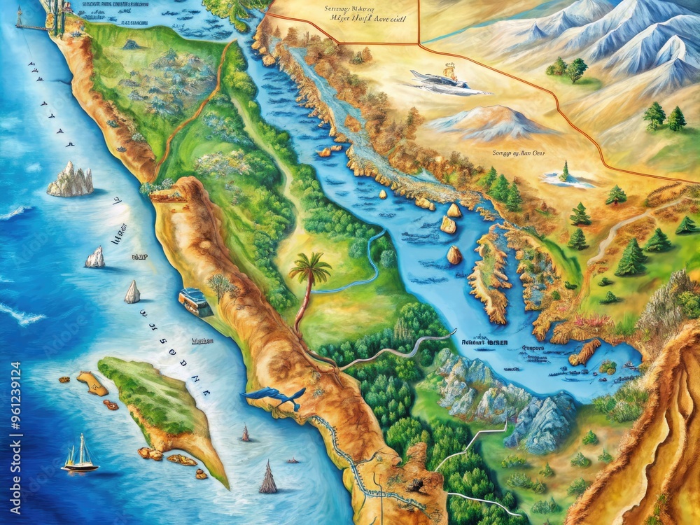 Vibrant colored California state map with detailed topography, cities ...