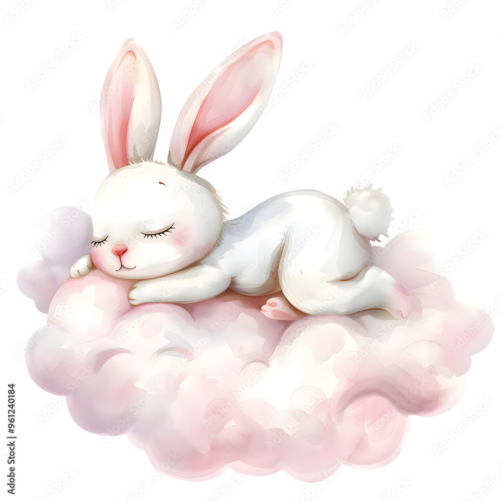 Light Pink rabbit bunny sleeping in cloud watercolor cartoon ...