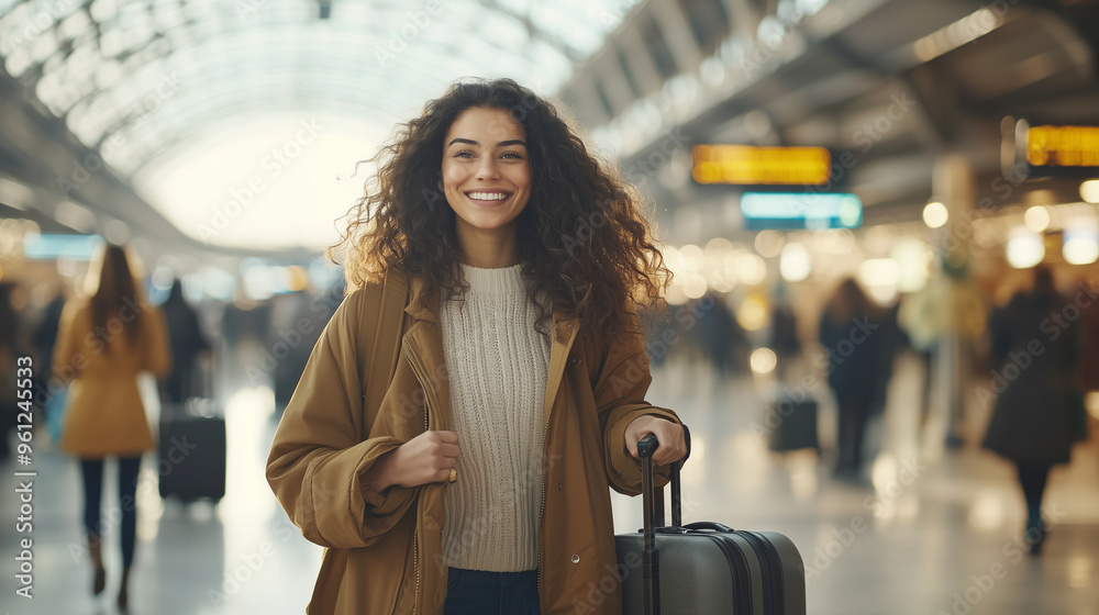 smiling traveler pulling her suitcase through a busy connection station ...