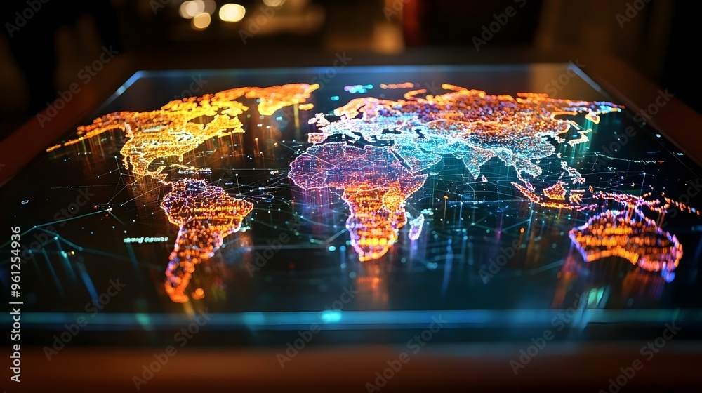 Holographic world map depicting population density across different regions and continents ...