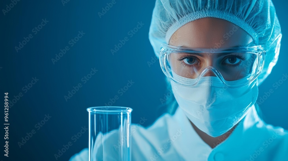 Biotechnology lab illuminated by blue light, researchers working on DNA ...