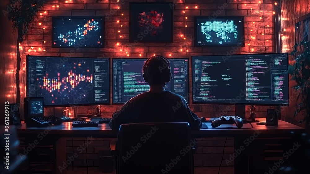 A programmer coding a video game in a dimly lit room, multiple screens displaying game ...