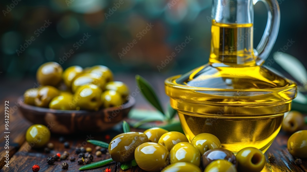 Extra virgin cold pressed olive oil with green olives in sunlight a ...