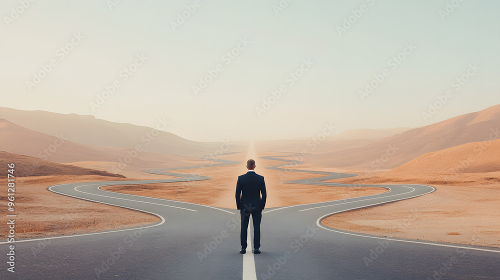A businessman in a black suit stands at a crossroads in an open ...
