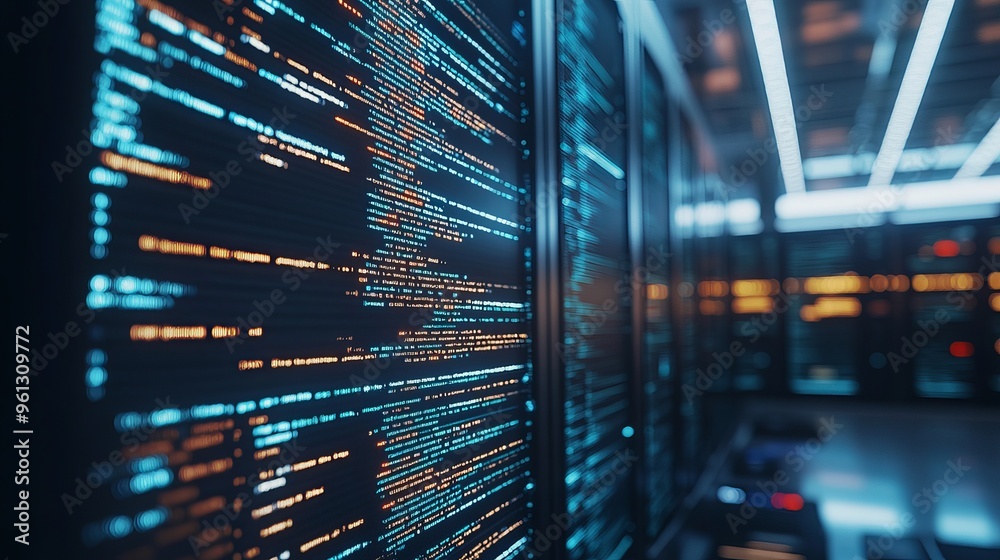Foto de Stock Lines of code displayed on computer screens in a data center, used for ...