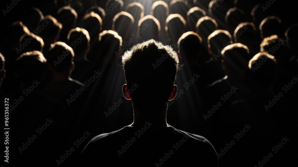 Silhouette of a person standing alone in the shadows, surrounded by a ...