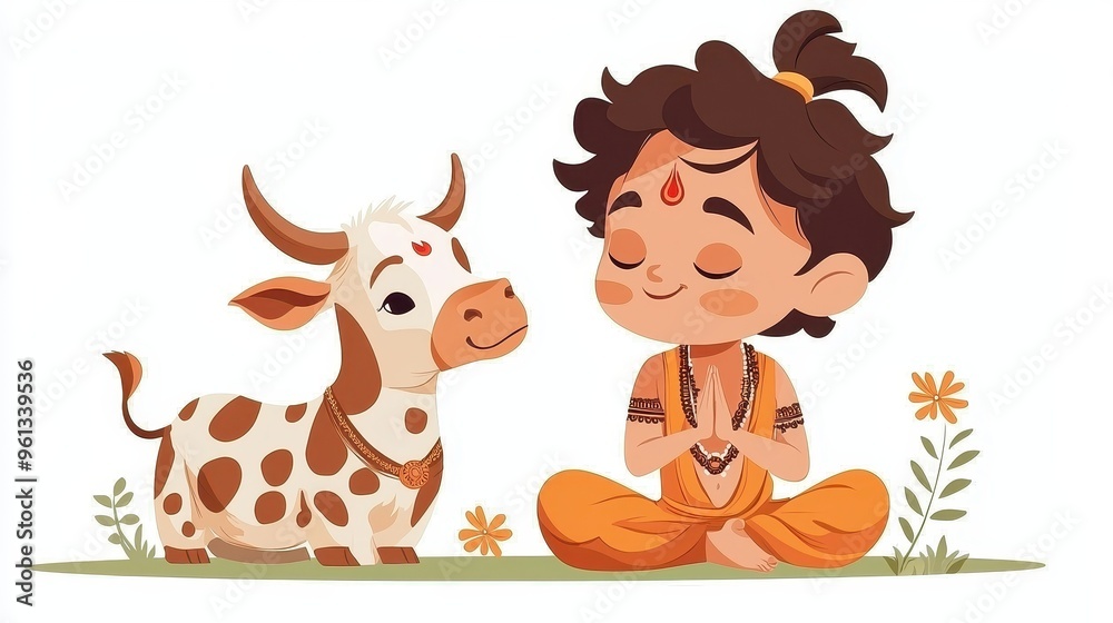 Cute Cartoon Boy Praying with Cow Hindu God Religious Illustration ...